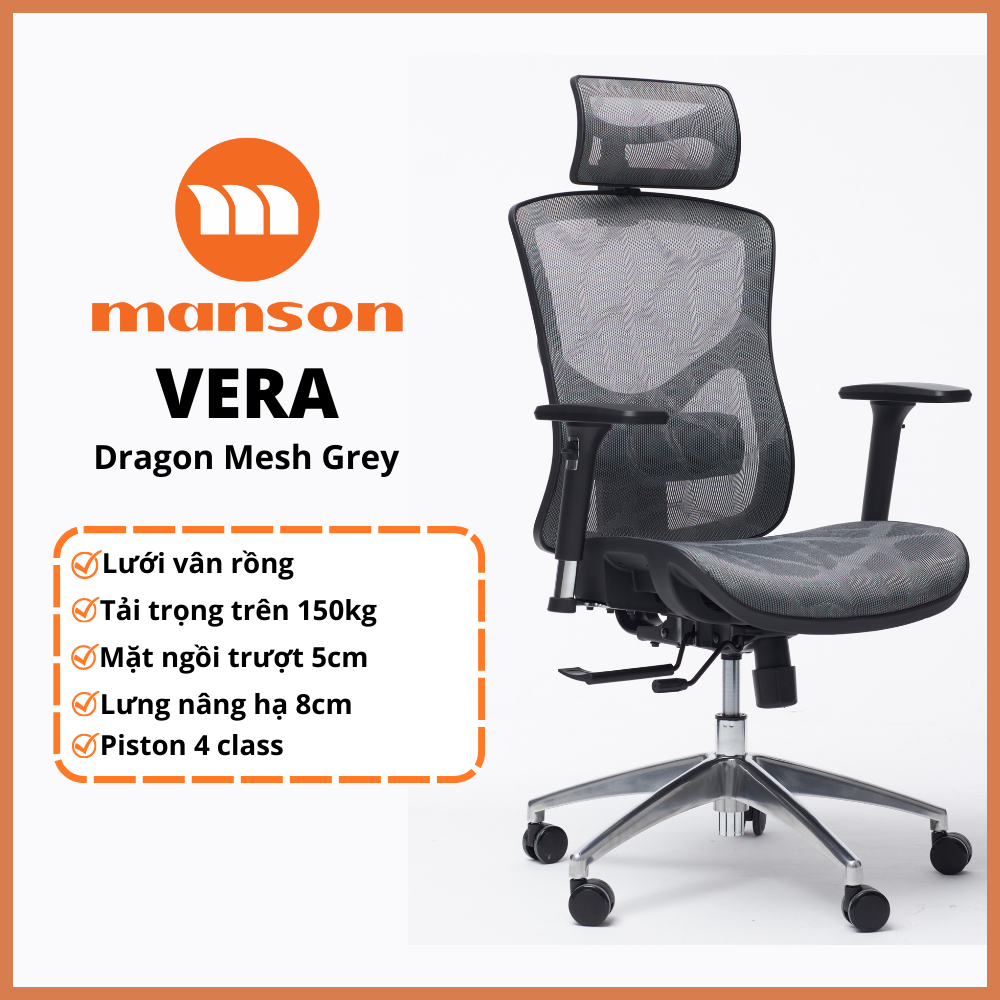 Ghế Công Thái Học Manson Vera Lưới Vân Rồng Xám, Lưng Nâng Hạ, Mặt Ngồi ...